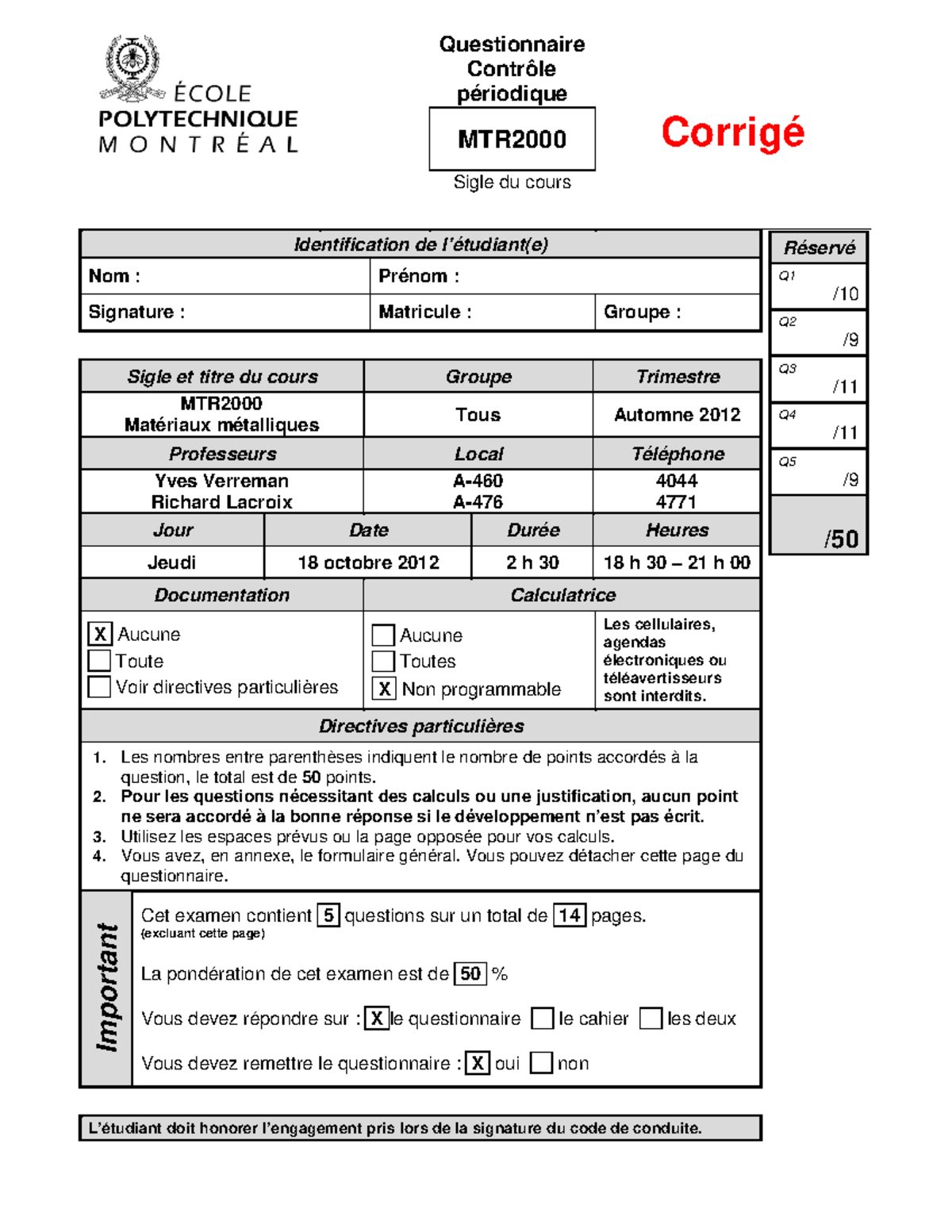 Pratique exam pt2 - Fait en classe - Questionnaire Contrôle périodique ...