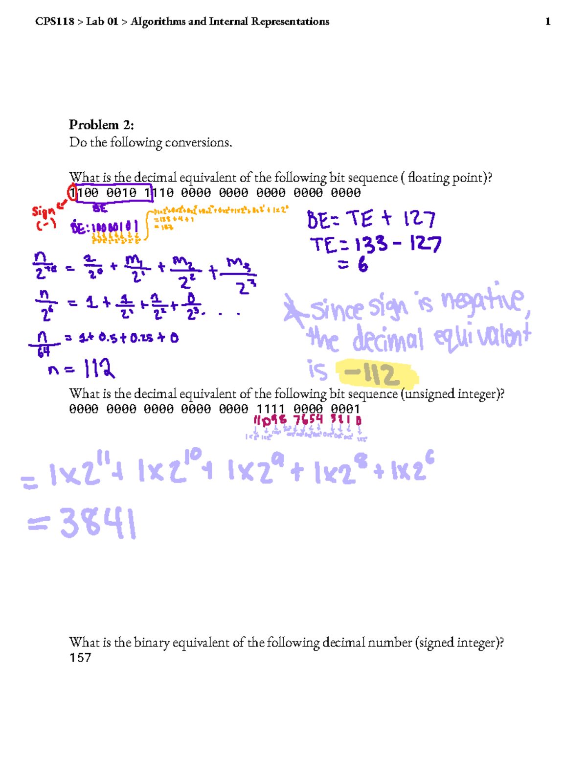 Problem 2 CPS 118 - nothing - Problem 2: Do the following conversions. What is the decimal - Studocu