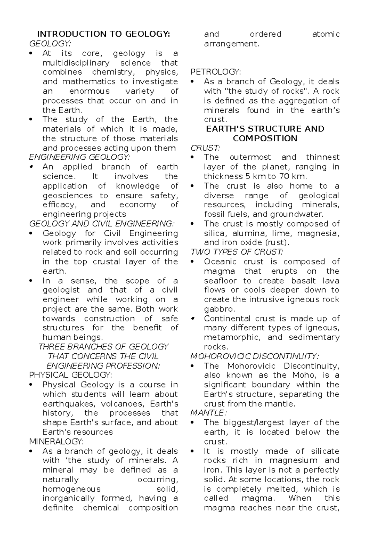Geo notes - ayos! - INTRODUCTION TO GEOLOGY: GEOLOGY: At its core ...
