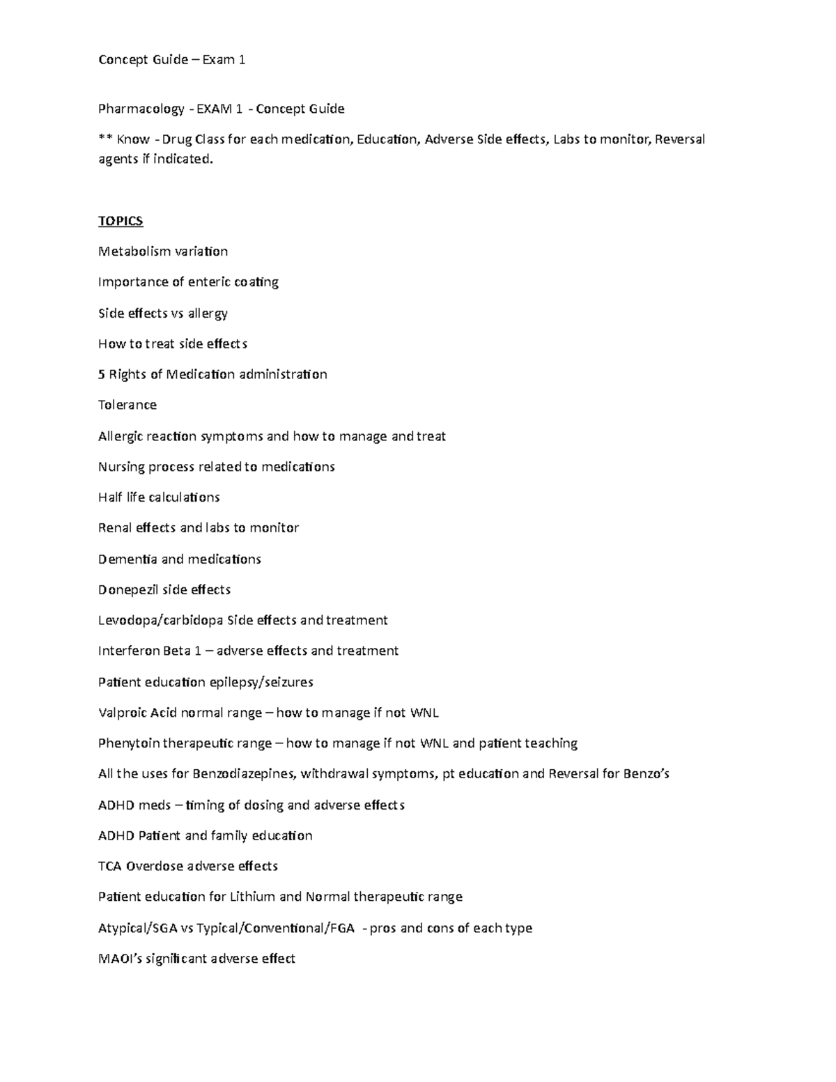 Exam 1 concept guide - Concept Guide – Exam 1 Pharmacology - EXAM 1 ...