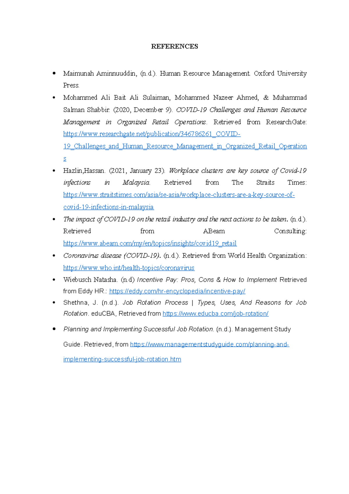 References Assignment HUMAN RESOURCES MANAGEMENT (MGT340) - REFERENCES ...