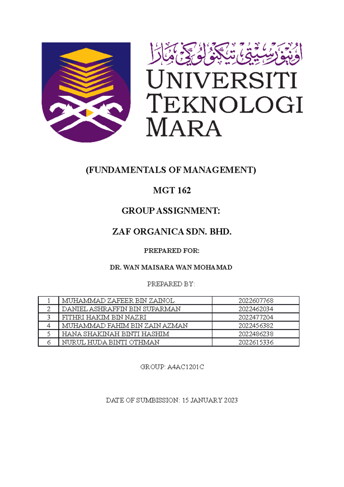 Fundemantal OF Management - (FUNDAMENTALS OF MANAGEMENT) MGT 162 GROUP ASSIGNMENT: ZAF ORGANICA ...