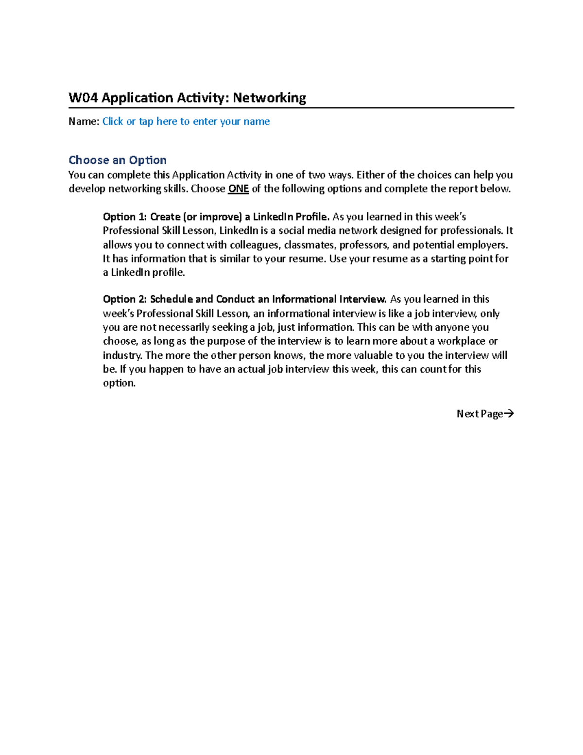W04Application Activity Networking Template - W04 Application Activity ...