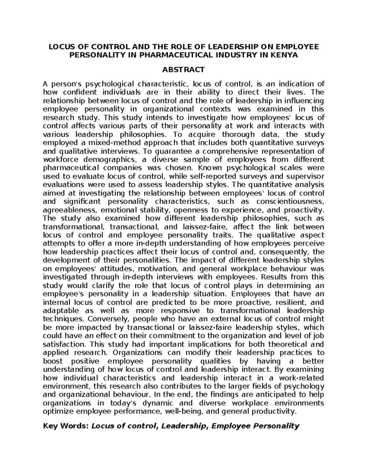 Dr. Ann Kaaria's Research Abstract plus Samba - LOCUS OF CONTROL AND ...
