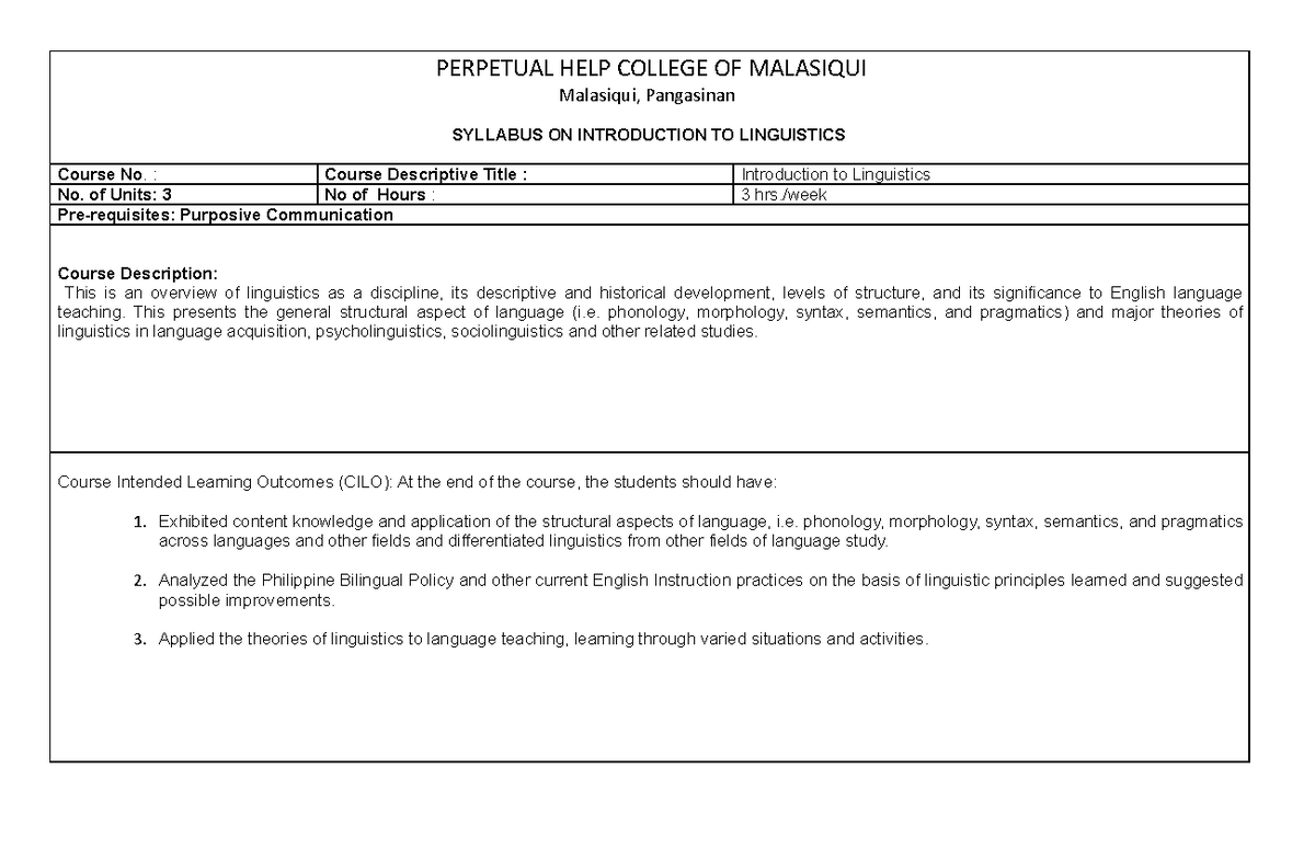 Syllabus- Intro TO Linguistics - PERPETUAL HELP COLLEGE OF MALASIQUI ...