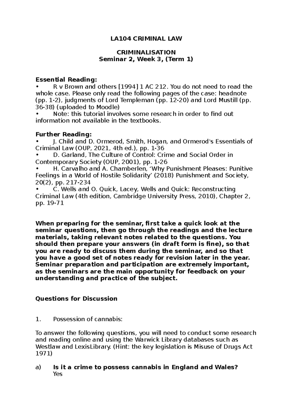 Seminar 2 criminal law - LA104 CRIMINAL LAW CRIMINALISATION Seminar 2 ...