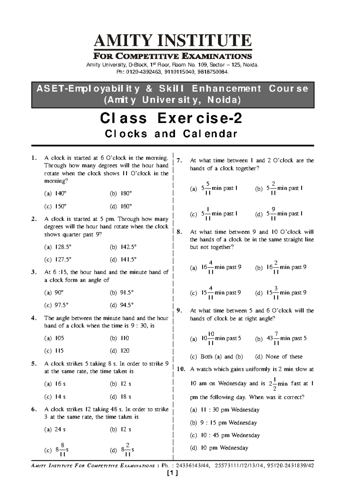 Class-2 Clocks and Calender Done - AMITY INSTITUTE FOR COMPETITIVE EXAMINATIONS : Ph. : 24336143 ...