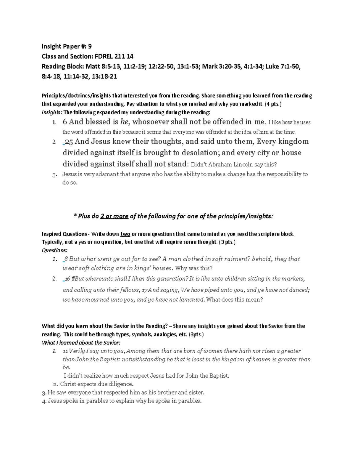 9 Insight Paper - For the class of Brother Parker. - Insight Paper 9 ...