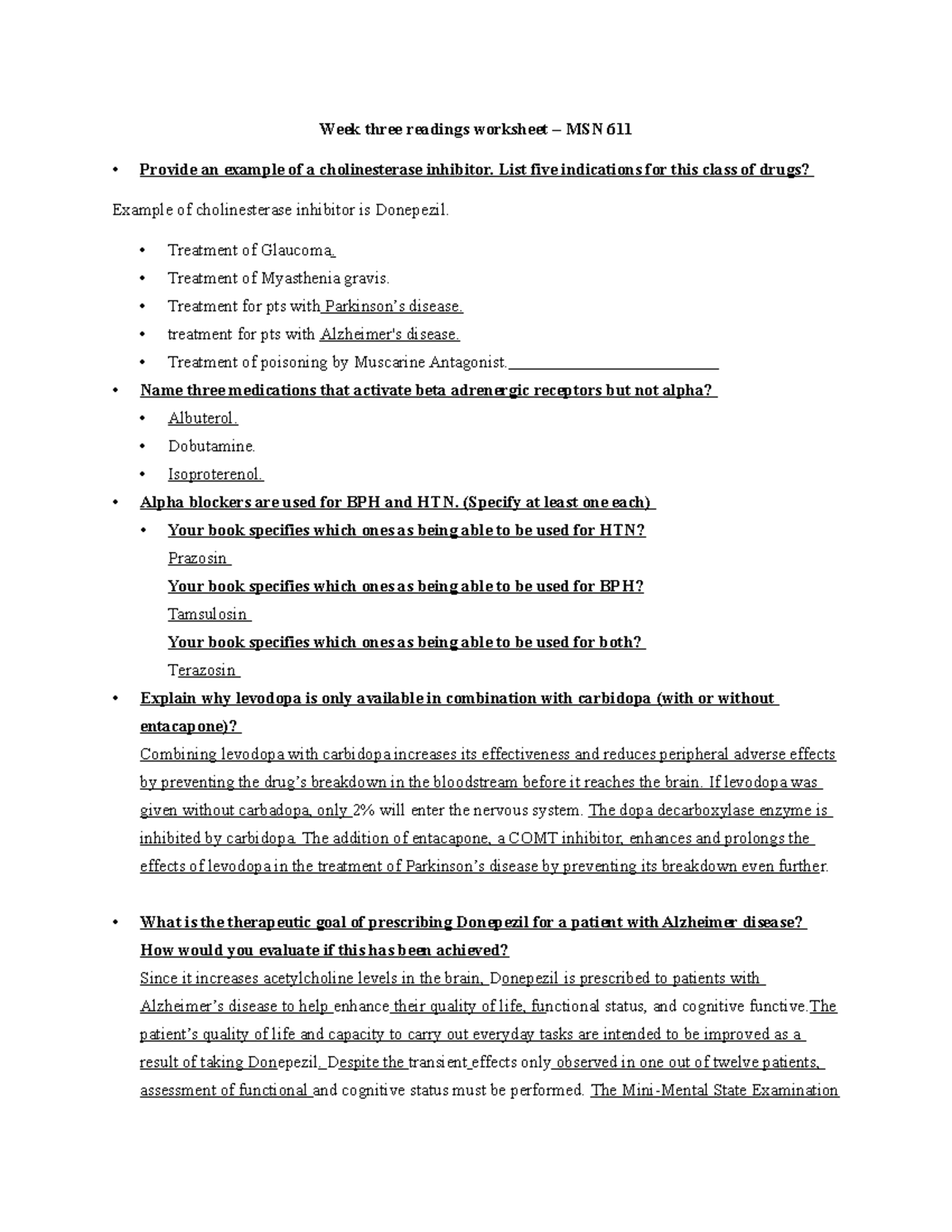 MSN 611 Week 3 Readings Worksheet and Drug Considerations - Week three ...