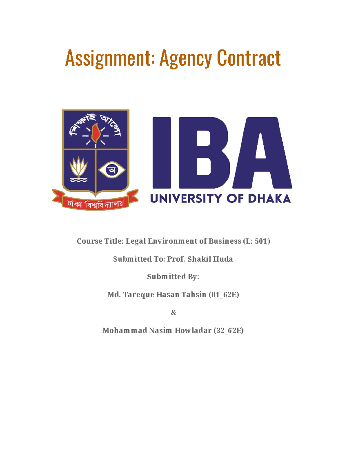 Agency Contract Roll 01 32 62E - Business Law - DU - Studocu