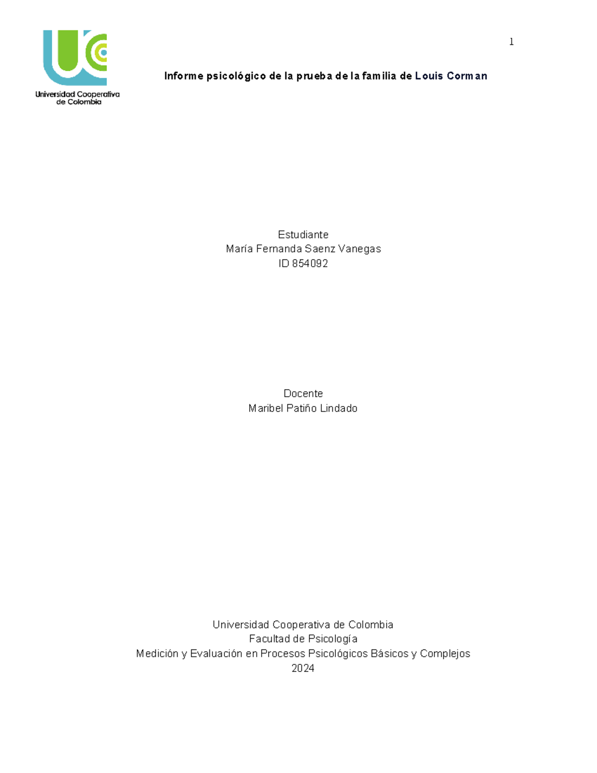 Informe psicológico de la prueba de la familia de Louis Corman - - Studocu