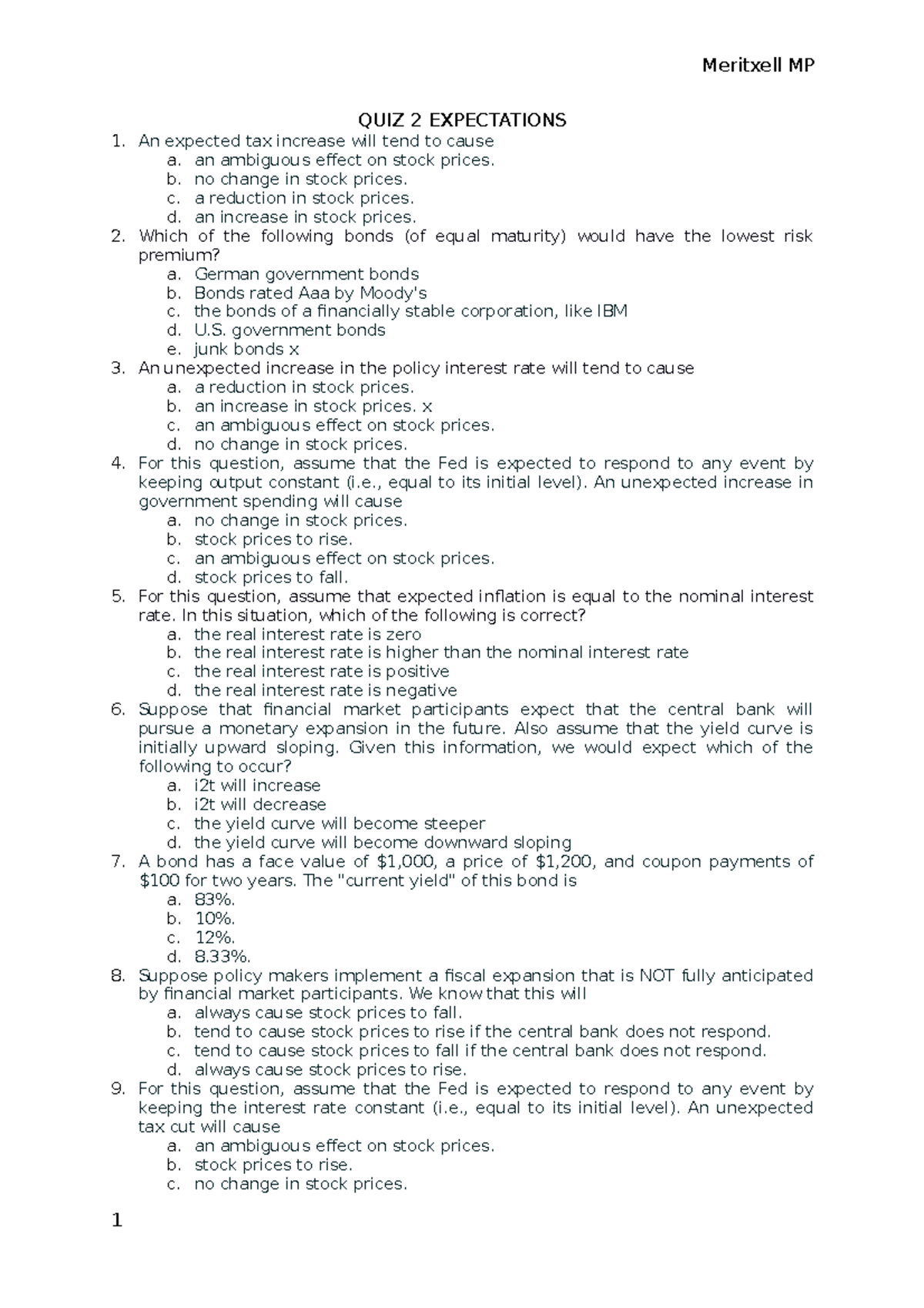 Quiz 2 Expectations - QUIZ 2 EXPECTATIONS An expected tax increase will ...