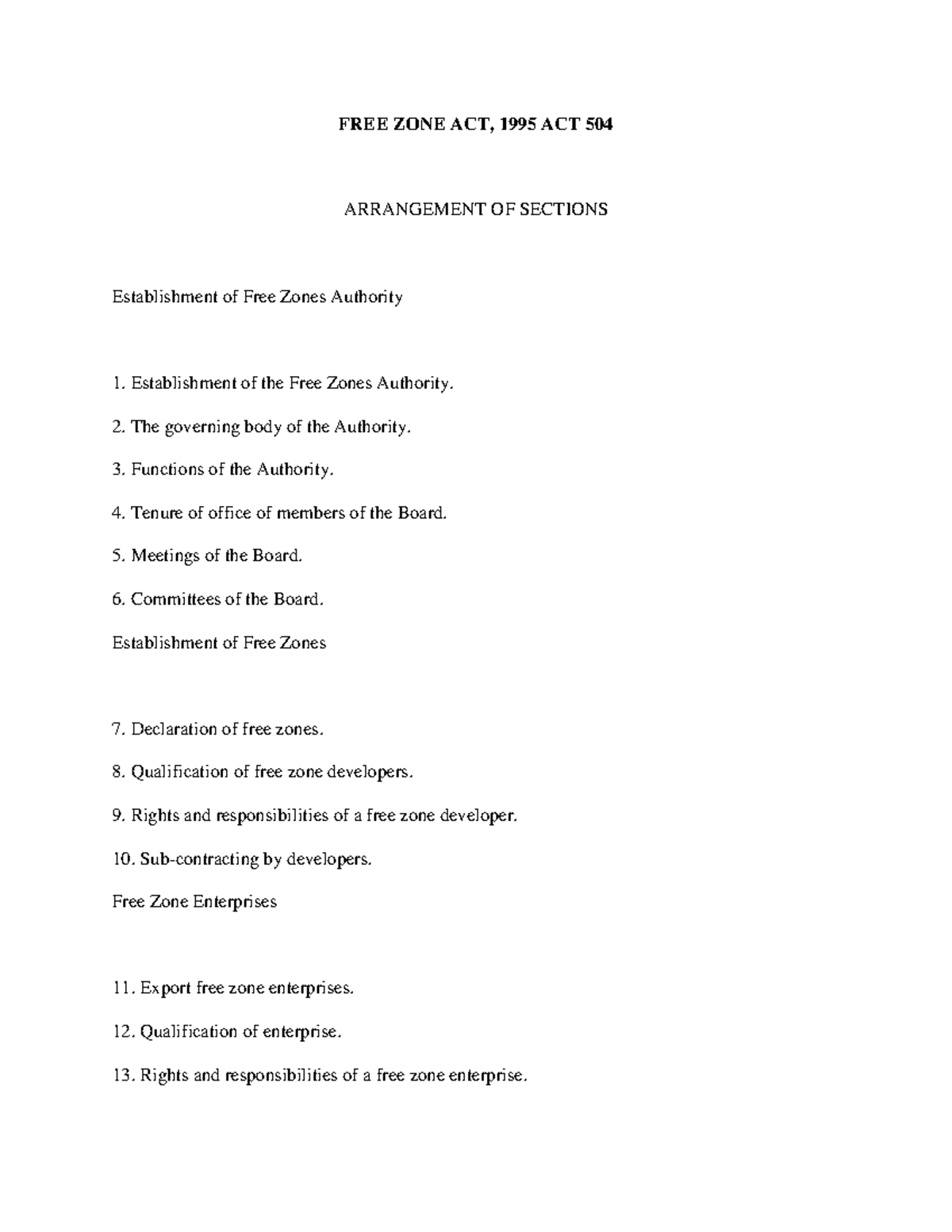 FREE ZONE ACT, 1995 ACT 504 - FREE ZONE ACT, 1995 ACT 504 ARRANGEMENT ...