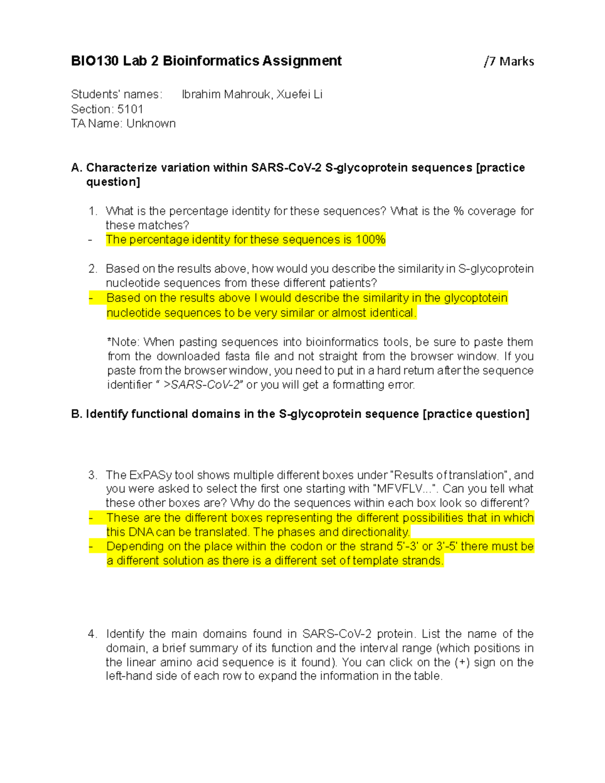 Lab 2 Bioinformatics Assignment 2024 1 Bio130 Lab 2 Bioinformatics Assignment 7 Marks