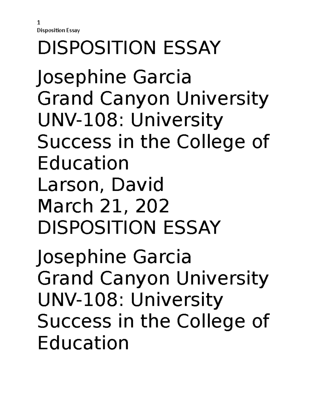 Disposition Essay - Disposition Essay DISPOSITION ESSAY Josephine ...