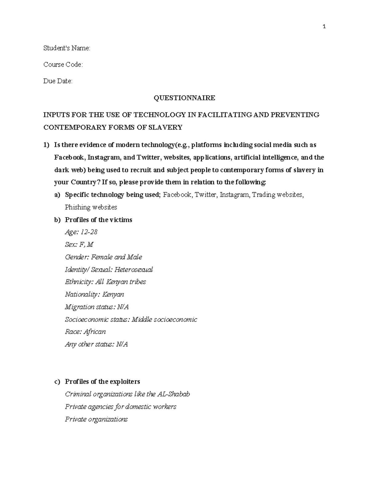 Final Questionnaire - research - Student's Name: Course Code: Due Date ...