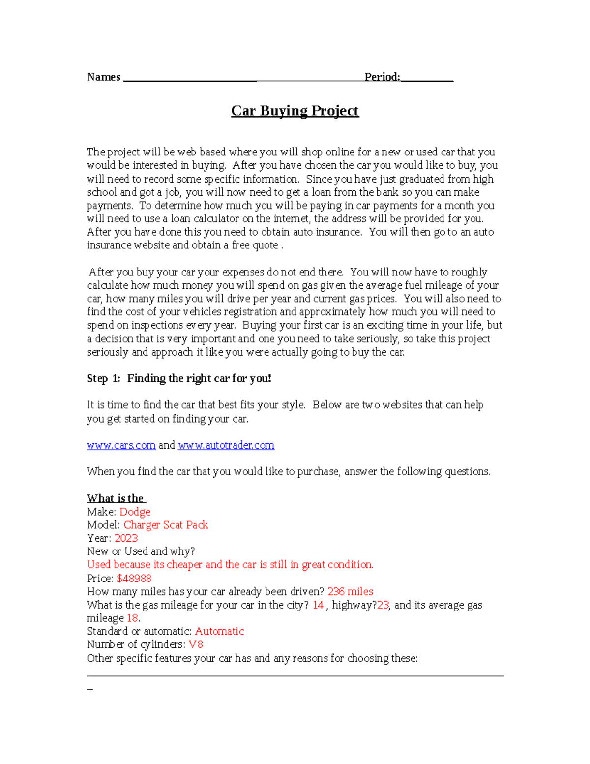 Car Buying Project - Names _______________________ Period:_________ Car ...