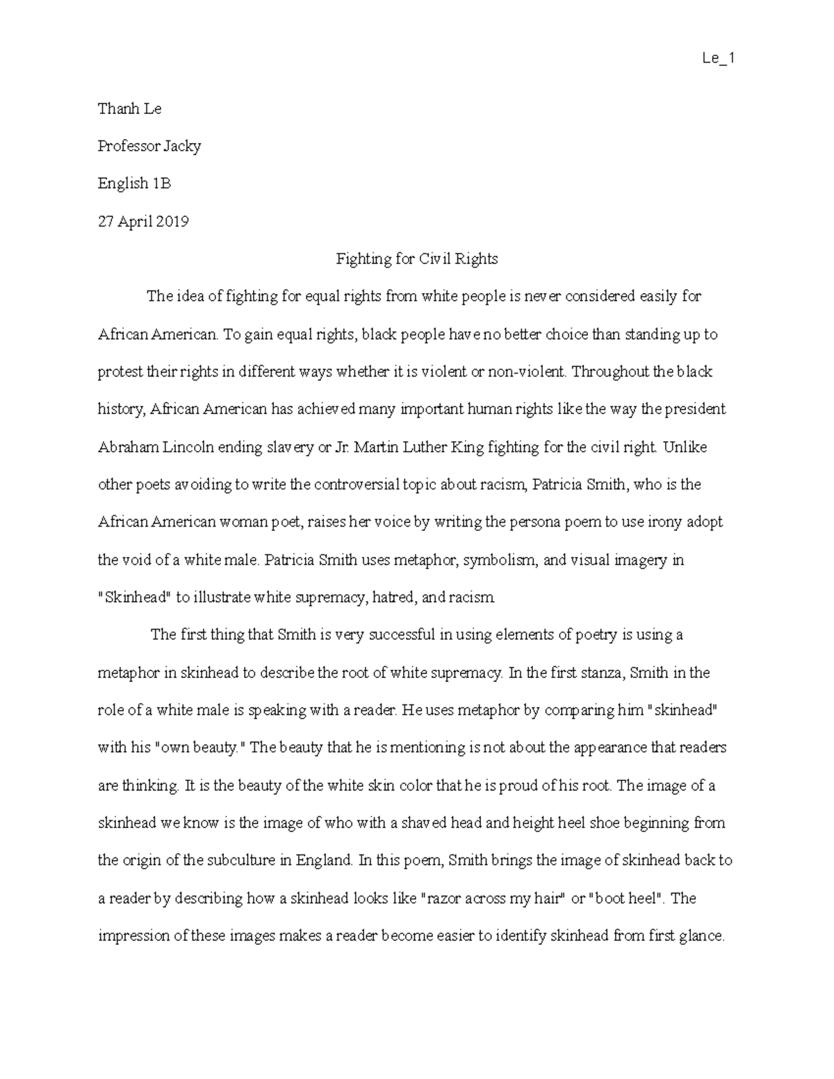 Fighting for Rights - essay - Le_ Thanh Le Professor Jacky English 1B ...