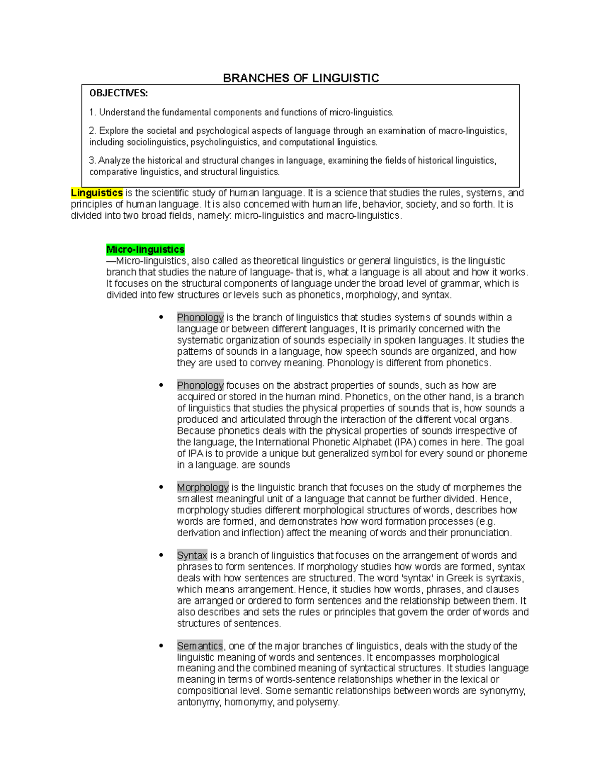 ( Notes) Branches of Linguistic - BRANCHES OF LINGUISTIC Linguistics is ...