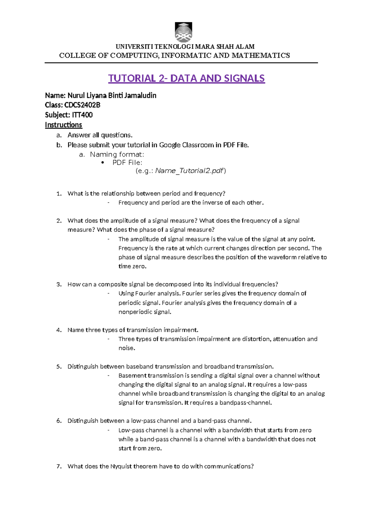 Tutorial 2 DATA AND Signals - UNIVERSITI TEKNOLOGI MARA SHAH ALAM ...