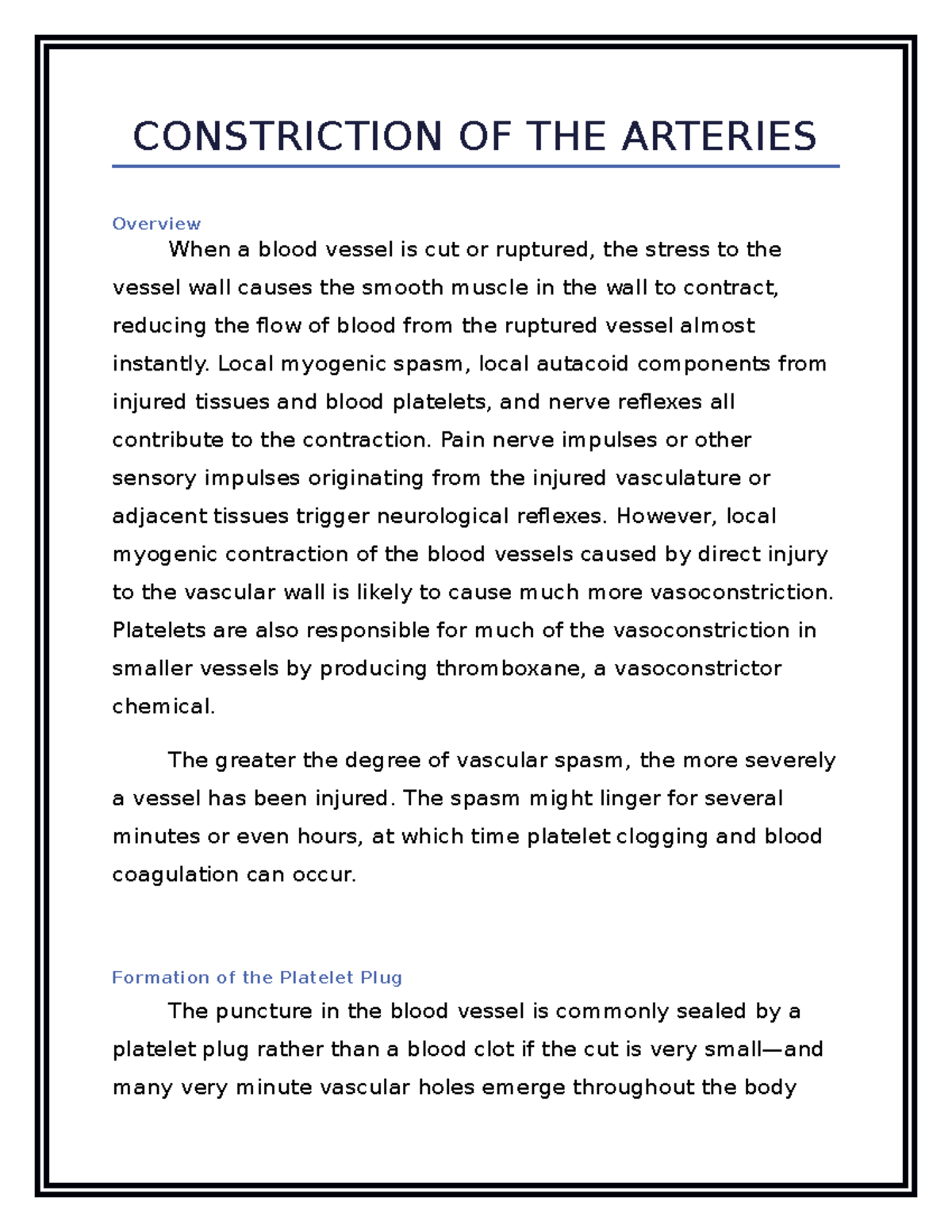 Overview OF Constriction OF THE Arteries - CONSTRICTION OF THE ARTERIES ...