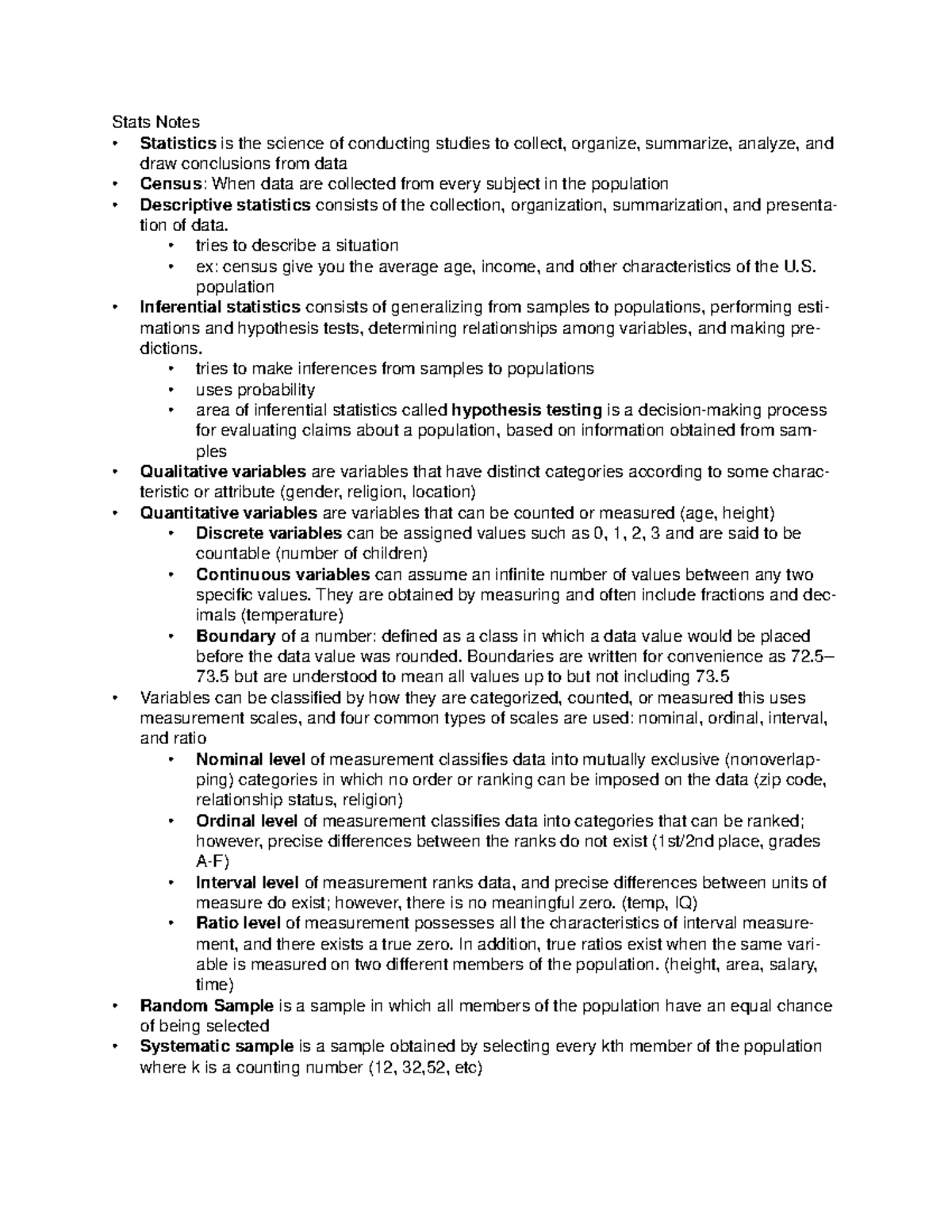 Statistics Notes Chapters 1,2 - Stats Notes Statistics is the science ...