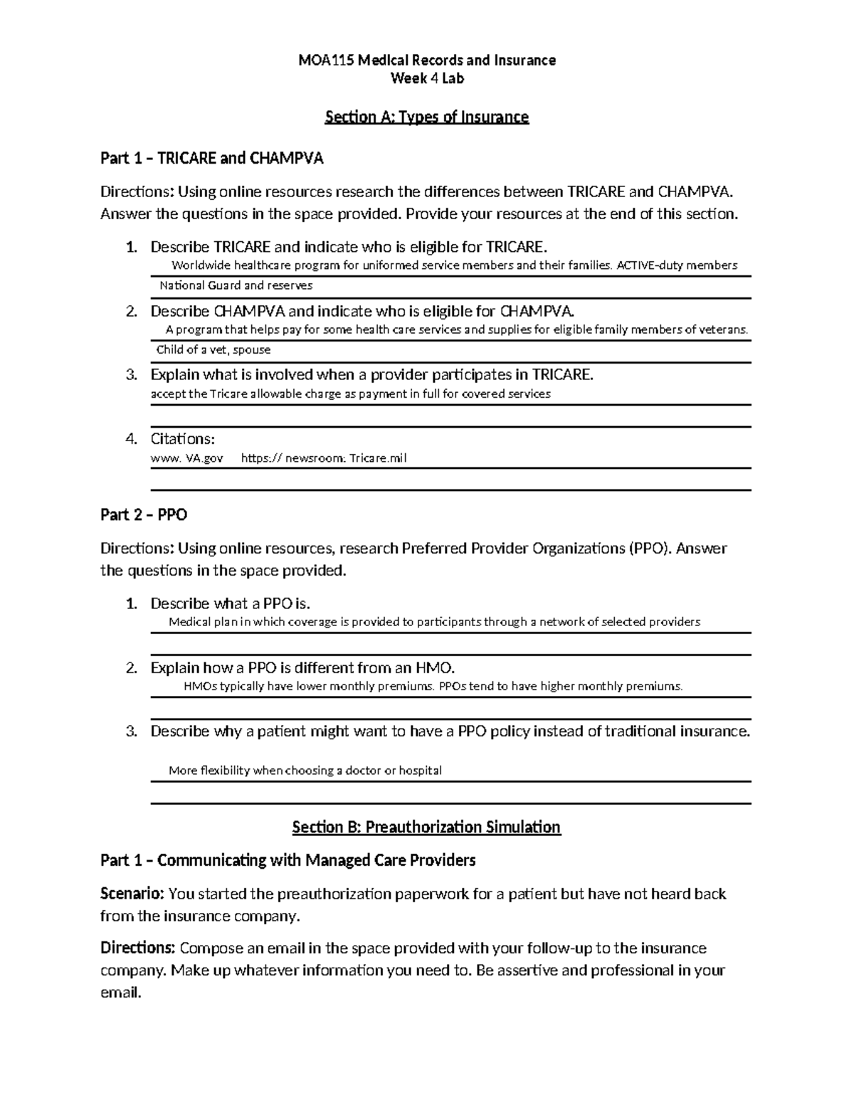 Week 4 Online Lab 15e - MOA115 Medical Records and Insurance Week 4 Lab ...