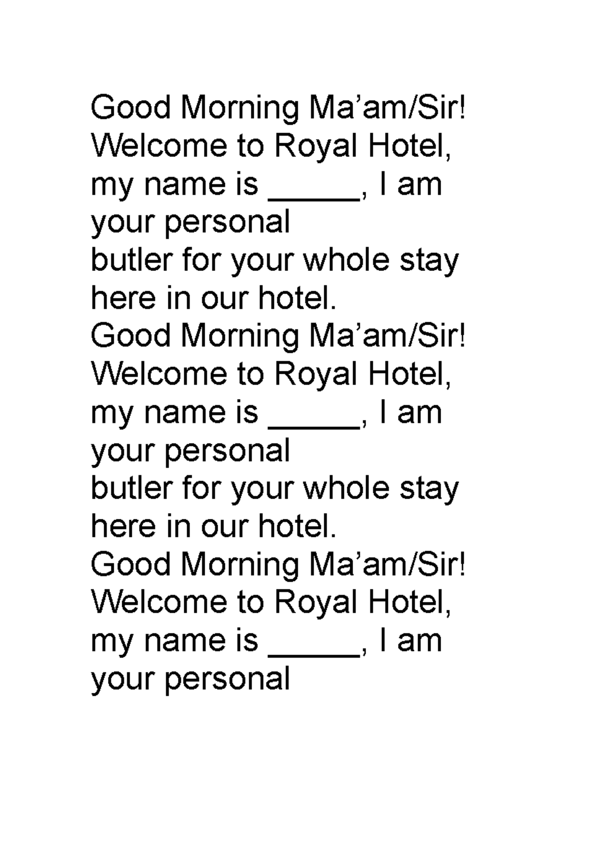 Butler Service Script - Good Morning Ma’am/Sir! Welcome to Royal Hotel ...