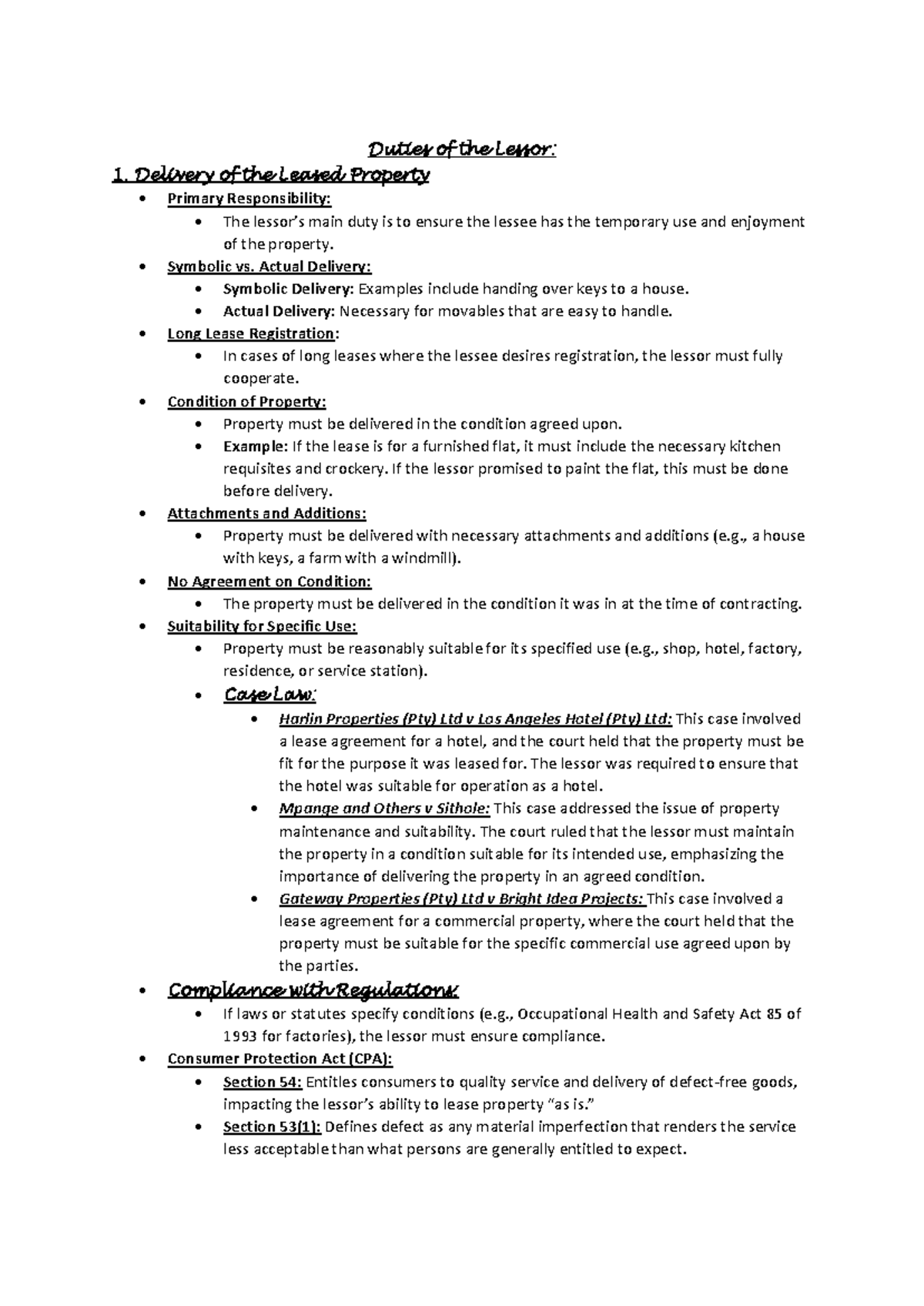Duties of the Lessor - Delivery of the Leased Property • Primary ...