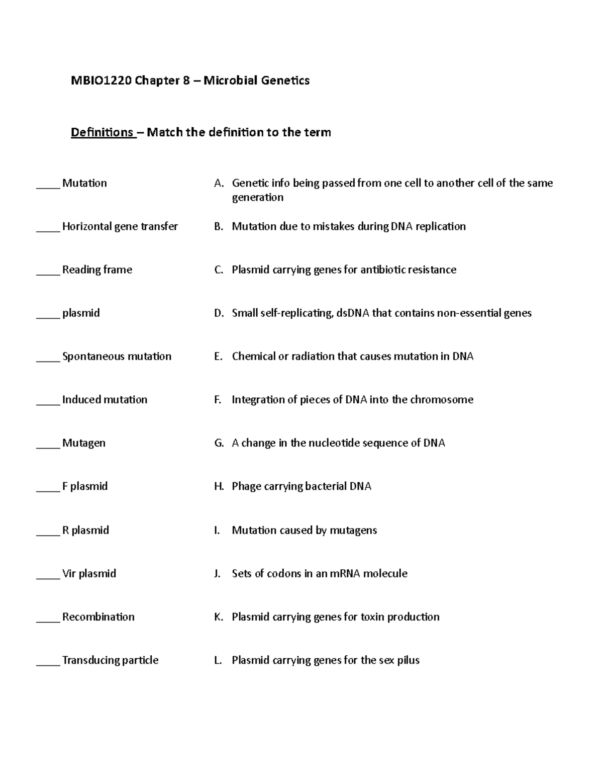 Chapter 8 Study Materials - MBIO1220 Chapter 8 – Microbial Genetics ...