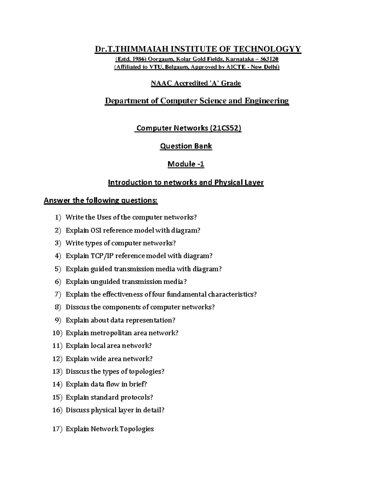 Computer Networks question bank 21CS52 - Dr.T INSTITUTE OF TECHNOLOGYY ...
