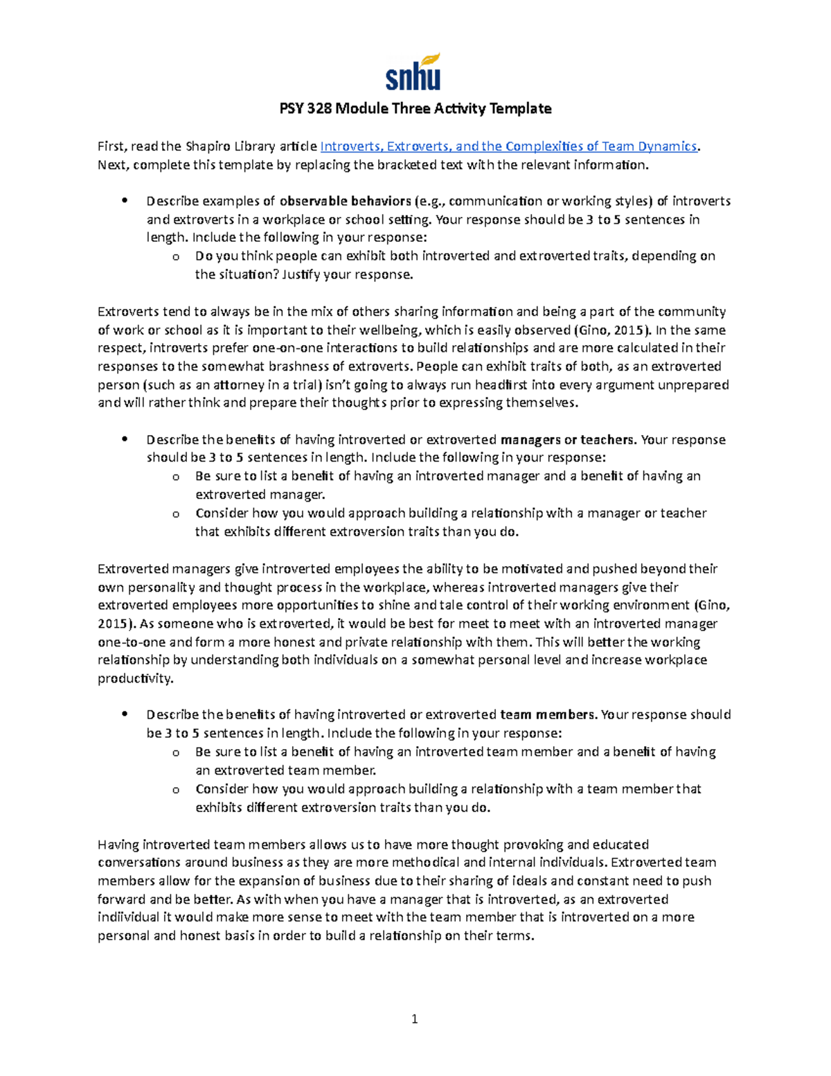 PSY 328 Module Three Activity - Next, complete this template by replacing the bracketed text ...