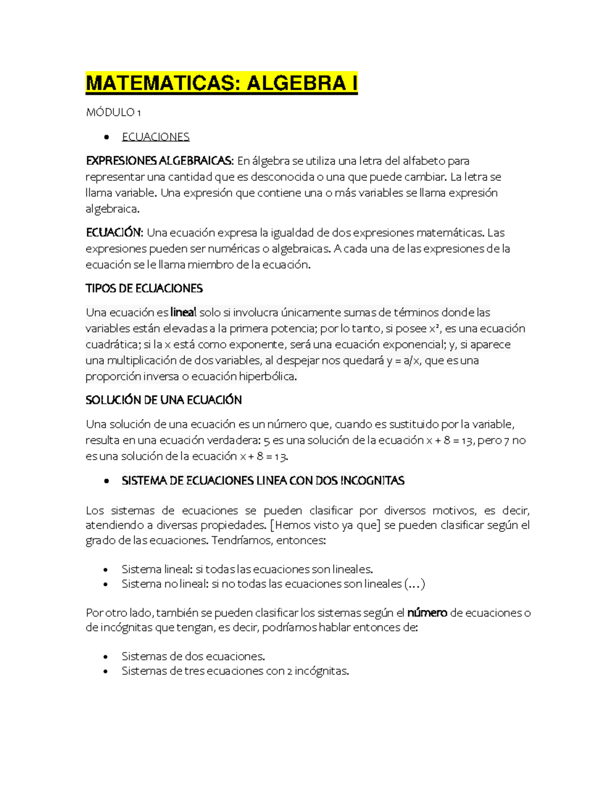 Modulo UNO Algebra MAT DOS Resumen - MATEMATICAS: ALGEBRA I MÓDULO 1 ...