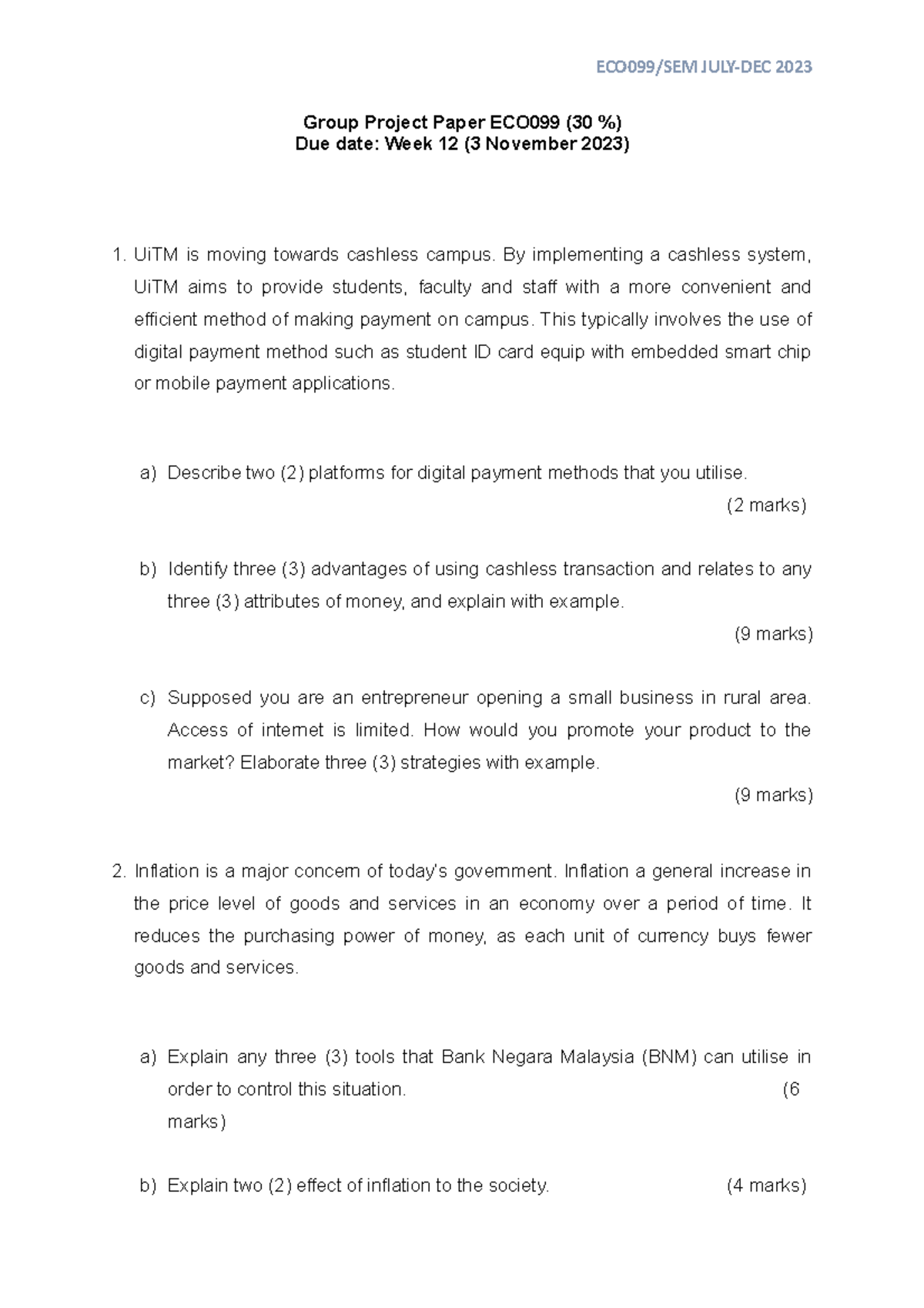 Group Project Paper ECO099 - By implementing a cashless system, UiTM ...