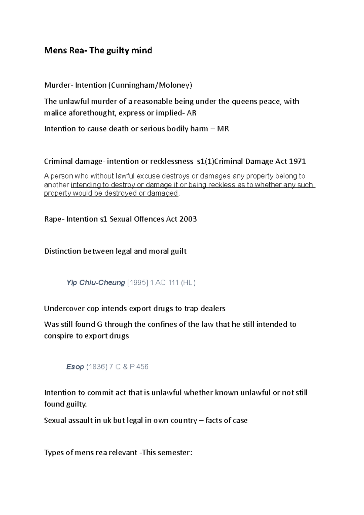 Mens Rea - Lecture notes 8 - Mens Rea- The guilty mind Murder ...