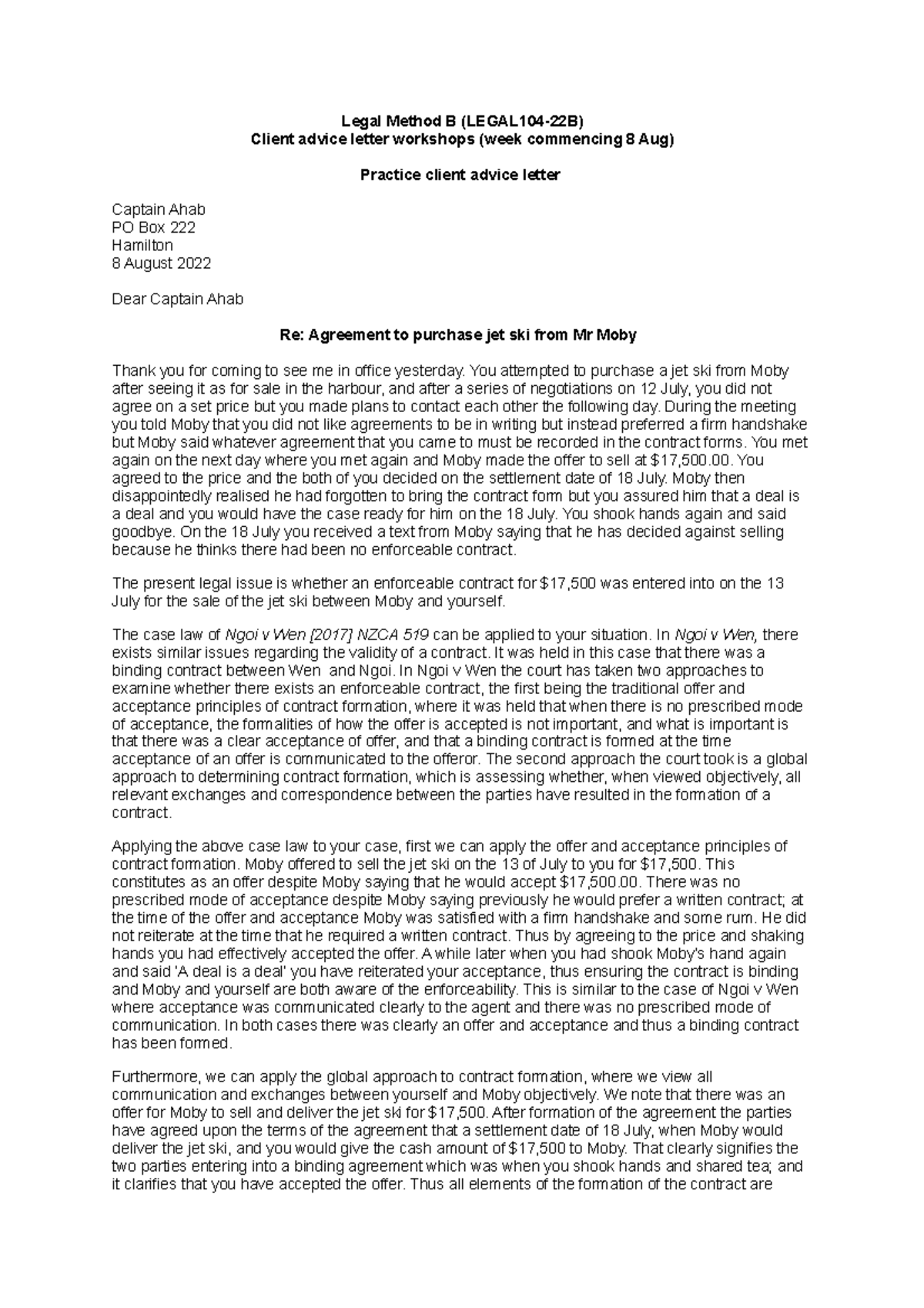 Element 2 - Practice client advice letter - Legal Method B (LEGAL104 ...