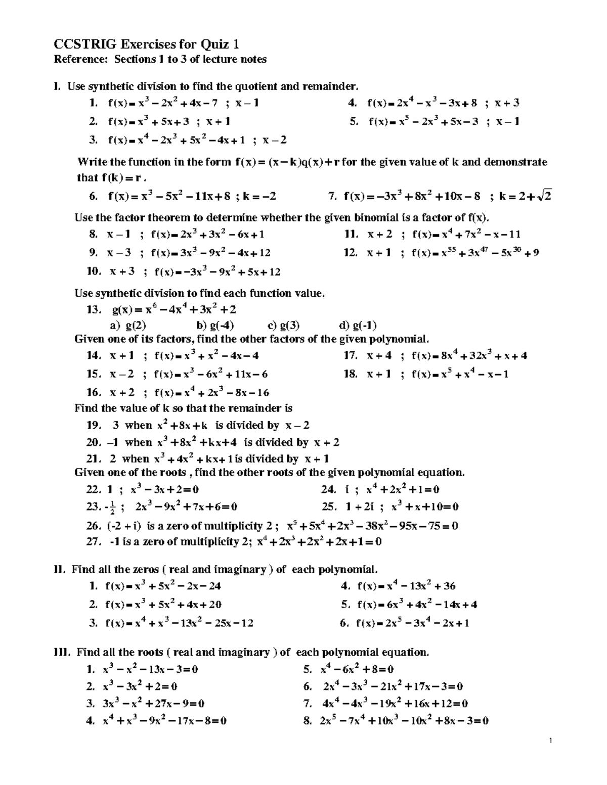 E1 Ccstrig - Test - 1 CCSTRIG Exercises for Quiz 1 Reference: Sections ...