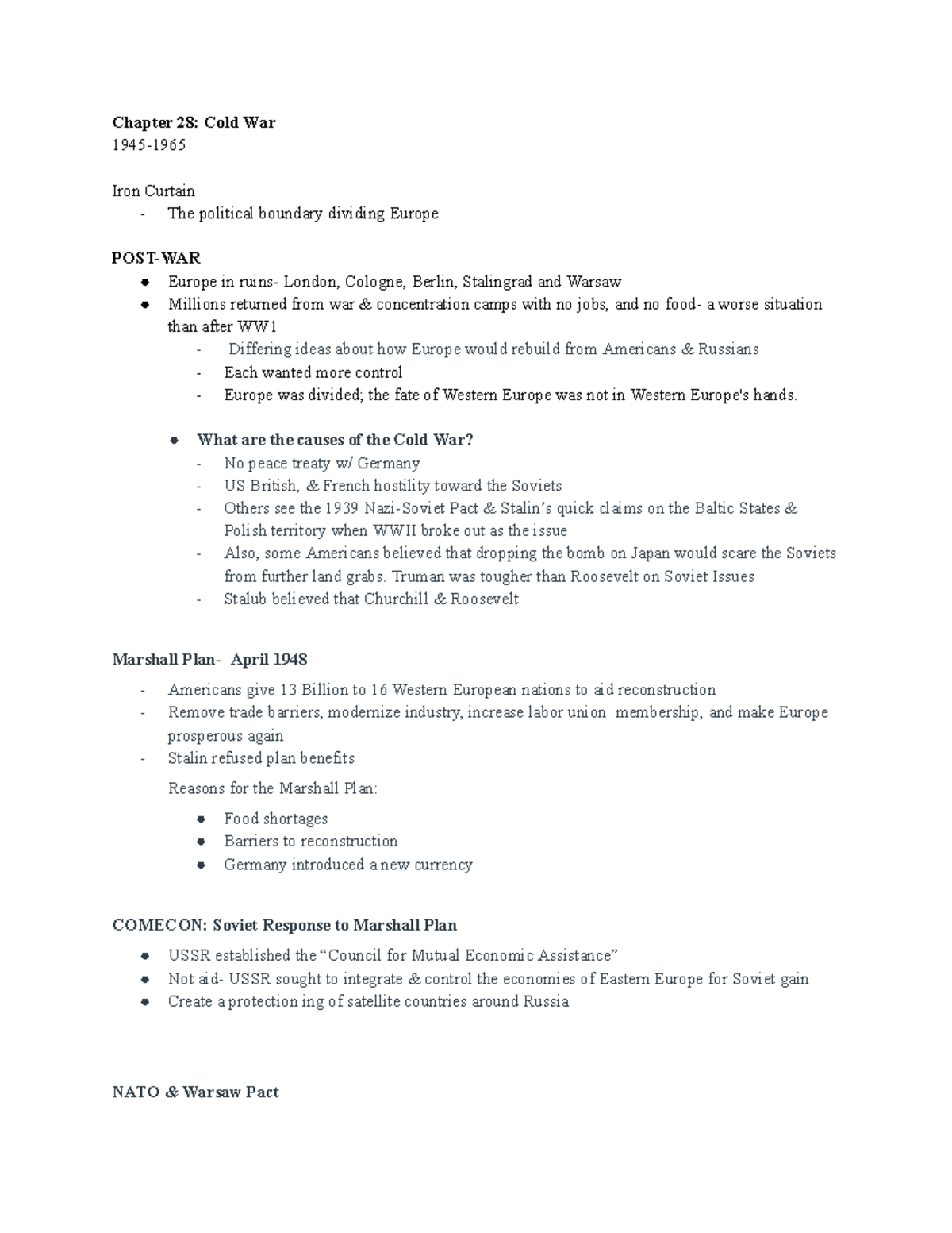 Chapter 28 - Cold war notes. - Chapter 28: Cold War 1945- Iron Curtain ...
