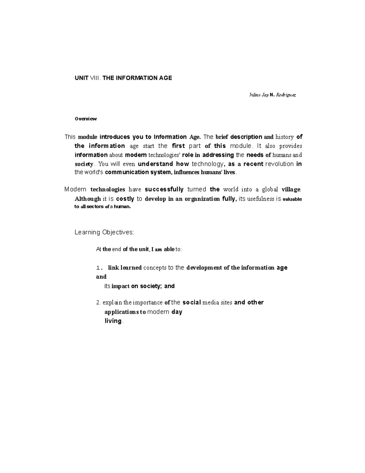 STS - Unit 8 - discussion for first prelim examination. - UNIT VIII. THE INFORMATION AGE Julius ...