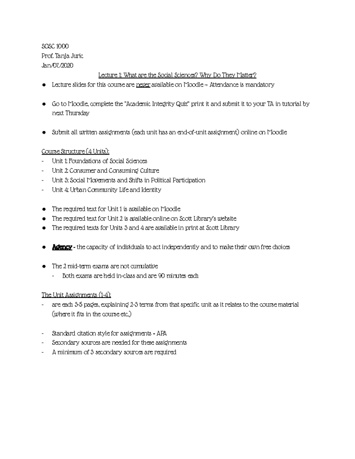 SOSC 1000 lecture 1 - Winter 2020 Professor Tanja Juric - SOSC 1000 Prof. Tanja Juric Jan/07 ...
