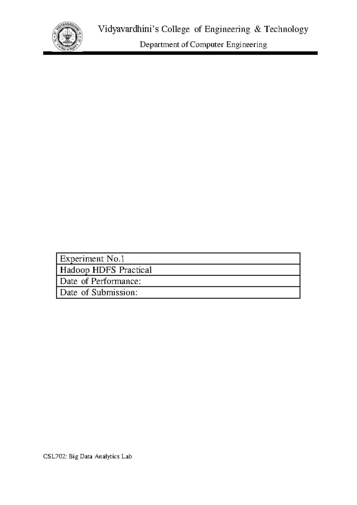 BDA prac 1 - BDA prac - Department of Computer Engineering Experiment No. Hadoop HDFS Practical ...