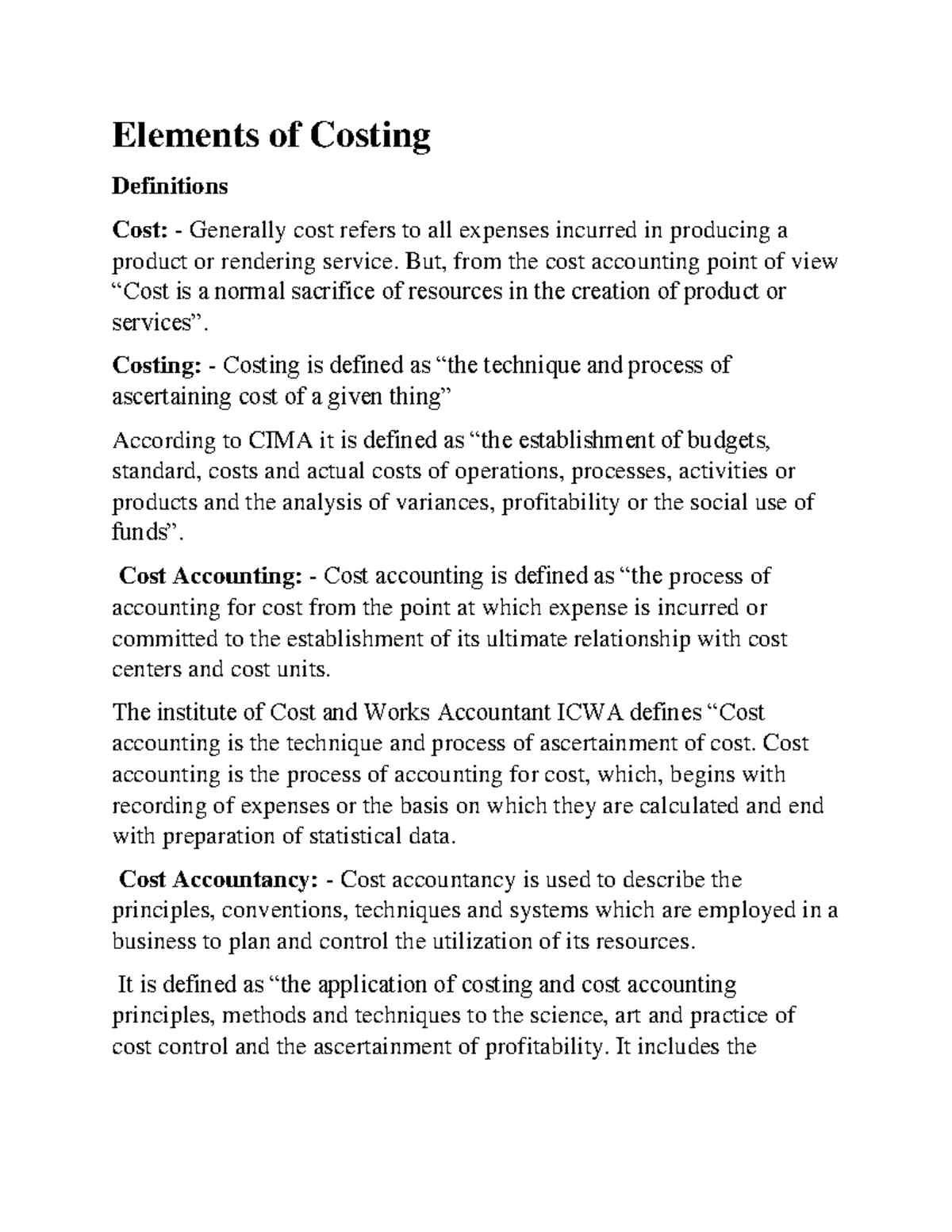 Elements of Costing - Elements of Costing Definitions Cost: - Generally ...
