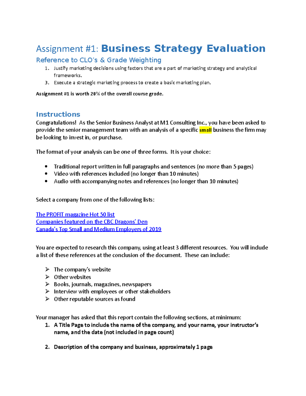 Assignment #1 - Business Strategy Evaluation - Assignment #1: Business ...