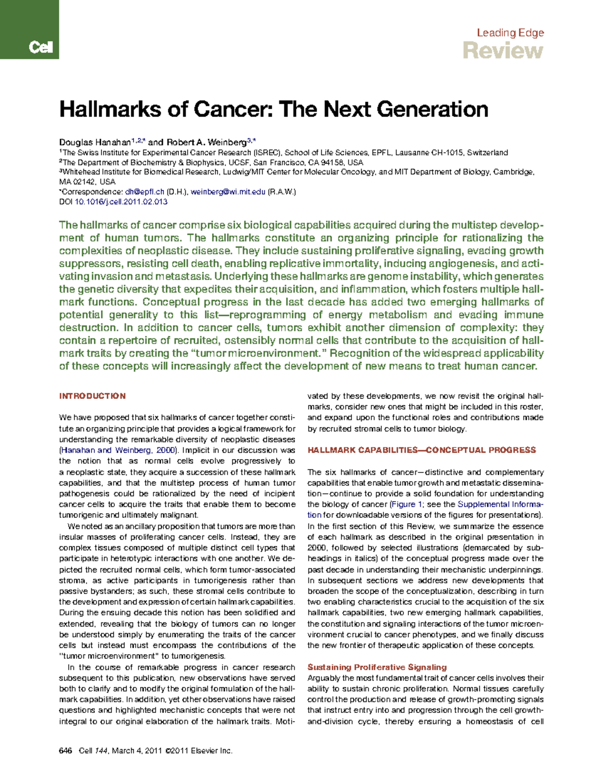 Hanahan Cell 2011 , Hallmarks cel pdf original - Leading Edge Review ...