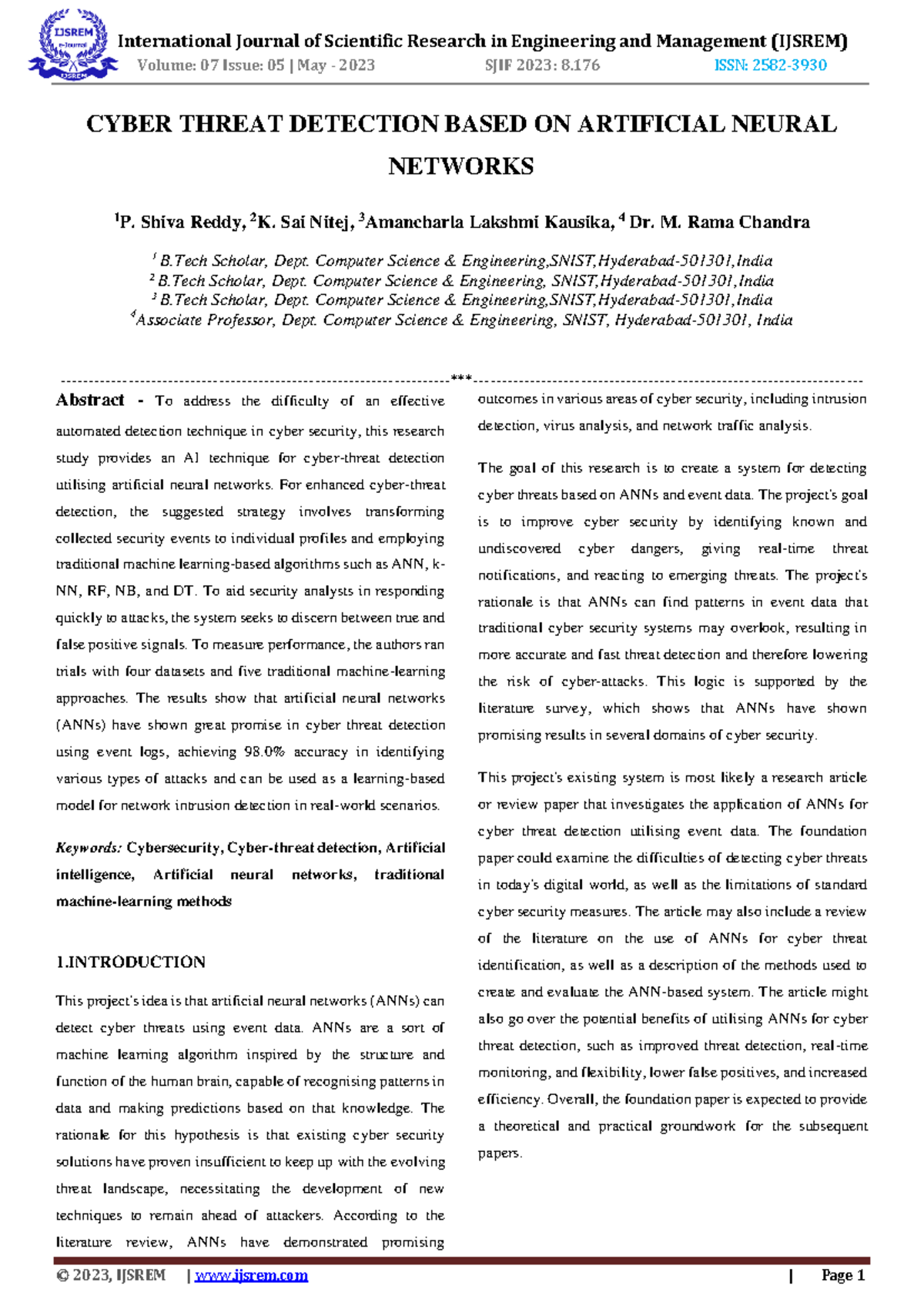 Cyber Threat Detection Based On Artificial Neural Networks Volume 0