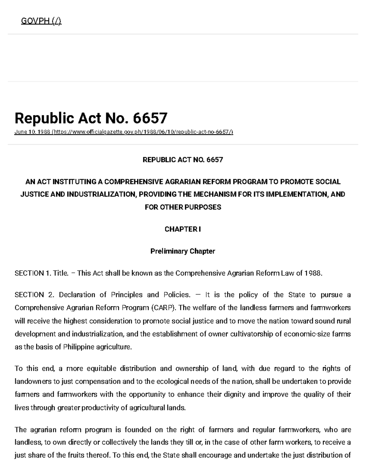 Republic act no 6657 - RA 6657 - AN ACT INSTITUTING A COMPREHENSIVE ...