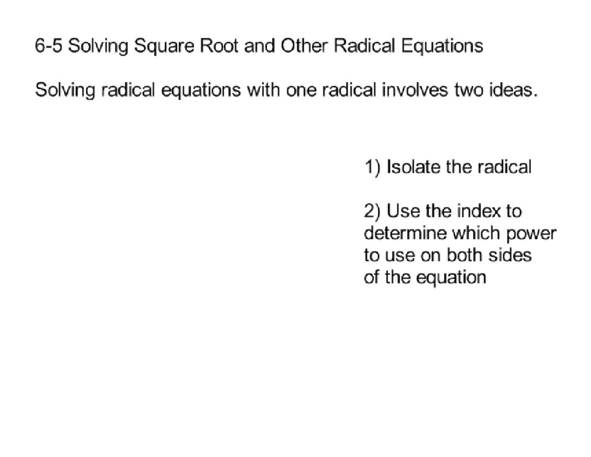 6 5 Solving Square Root And Other Radical Equations Part 1 Solving