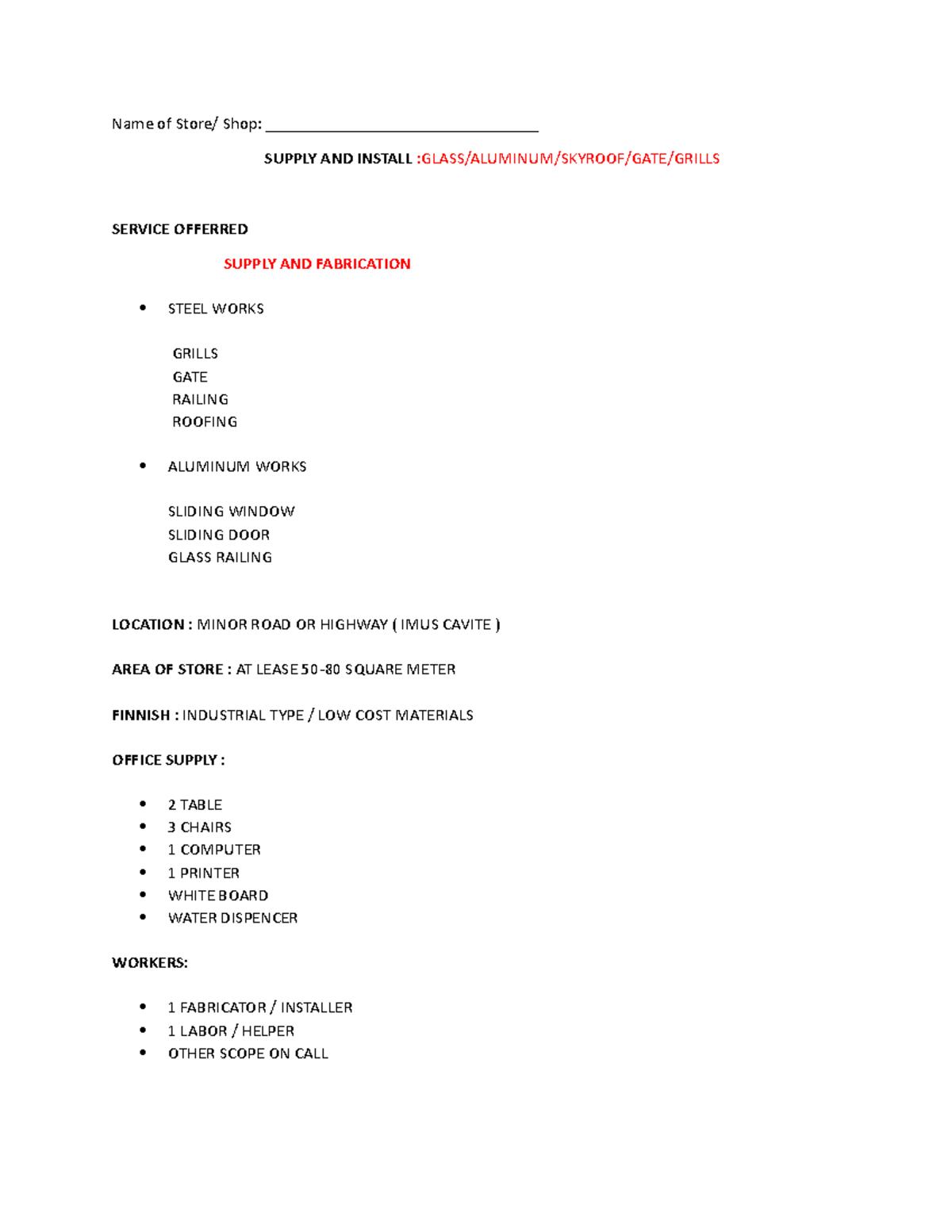 Glass & Aluminum Business Draft - Name of Store/ Shop ...