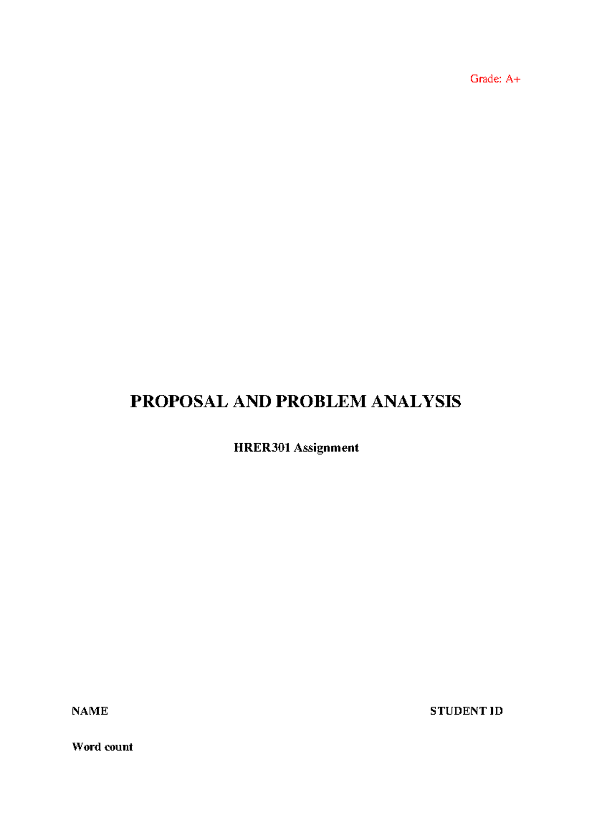 HRER301 Proposal Assignment - Grade: A+ PROPOSAL AND PROBLEM ANALYSIS HRER301 Assignment NAME ...