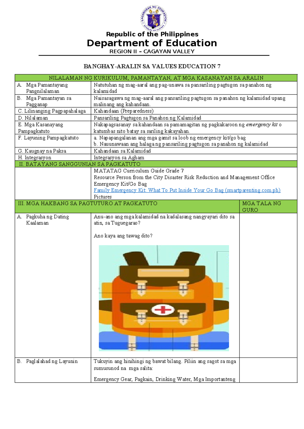 Banghay Aralin sa Values Education Grade 7 Demonstration Lesson on the ...